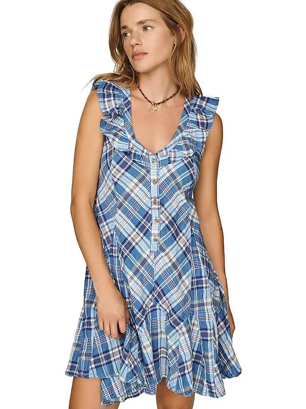 PILCRO Plunge V-neck Ruffle Hem Mini Dress - Blue Plaid