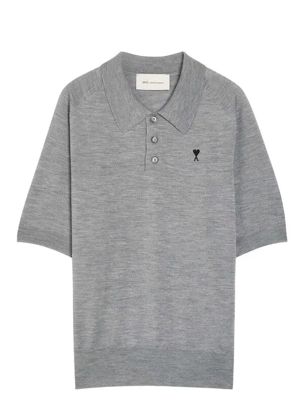 AMI Paris Logo-embroidered Wool Polo Shirt - Grey