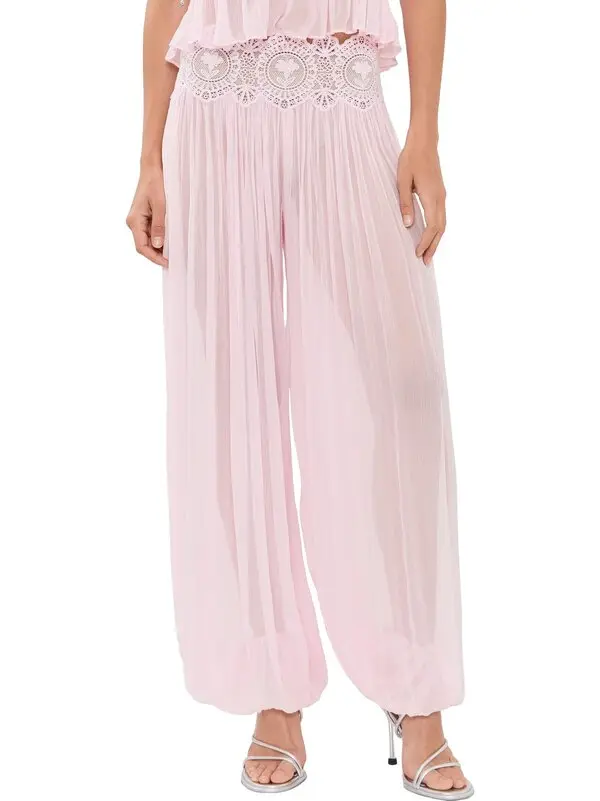 Retrofete Dreamy Wide Leg Chiffon Pants With Lace Trim - Rosa