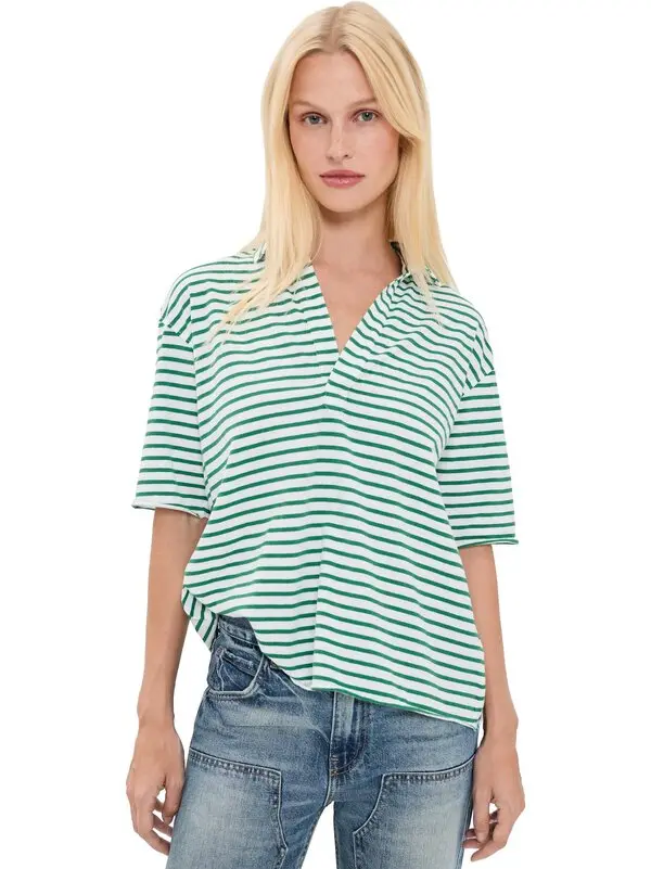 Frank & Eileen Patty Popover Short Sleeve Henley - Green & White Stripe