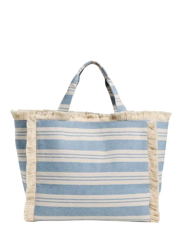 Hat Attack Striped Canvas Tote Bag With Fringe - Blue Stripe