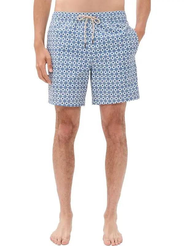 FAIR HARBOR Bayberry Swim Trunks With Geometric Print - Seersucker Sea Blue Tiles