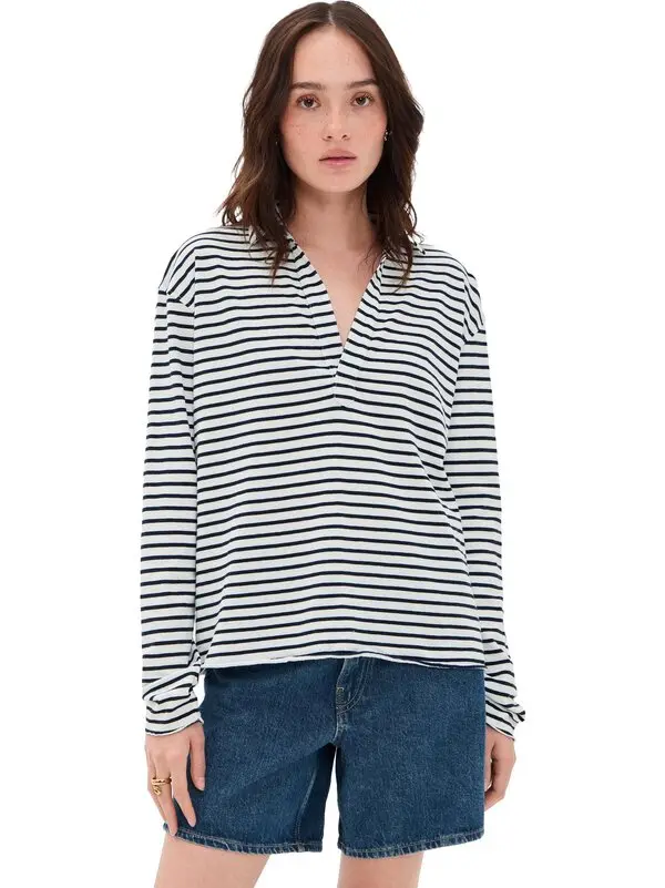 Frank & Eileen Patrick Popover Henley - White Navy Stripe