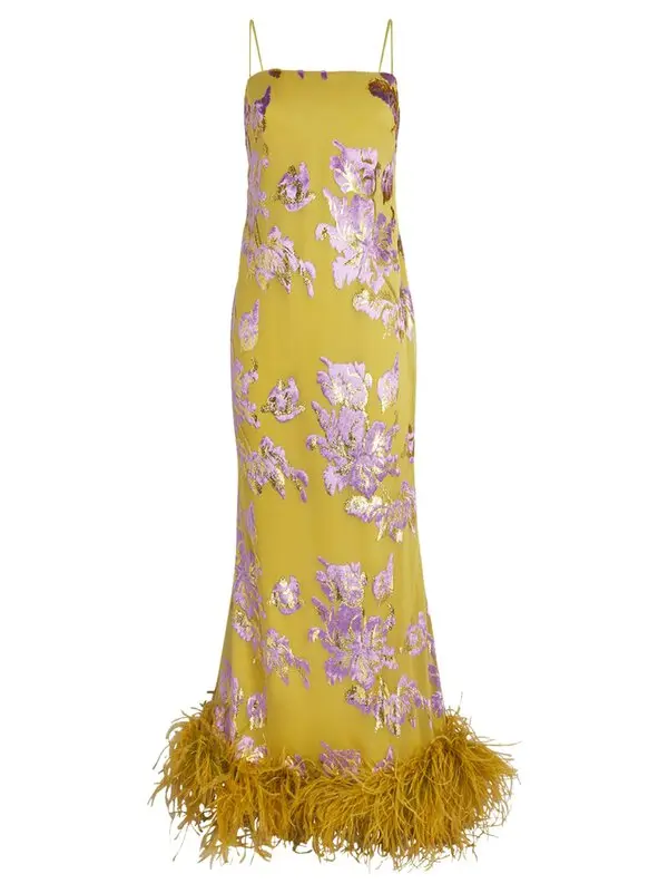 TALLER MARMO Floral Velvet-lurex Maxi Dress With Feather Trim - Gold