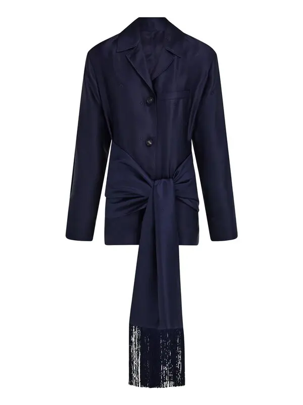 FERRAGAMO Silk Shirt Jacket With Sash And Fringe - Blue