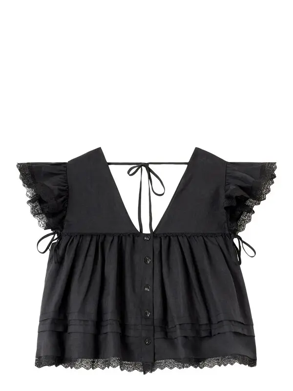 GANNI V-neck Lace Trimmed Blouse With Angel Sleeves - Black