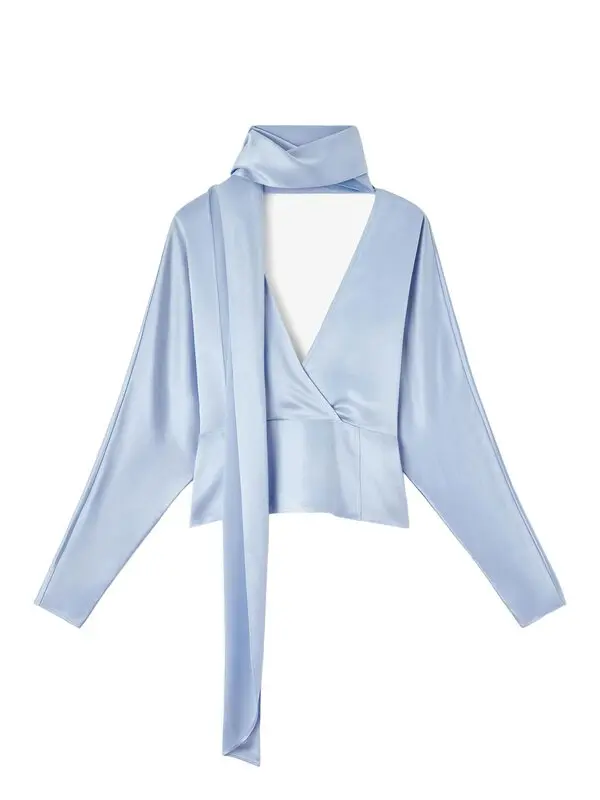 GANNI V-neck Scarf Detail Blouse - Blue