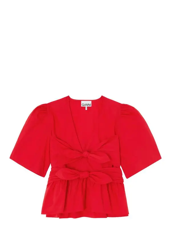 GANNI Satin Tie-front Blouse - Red