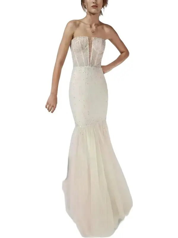 Vera Wang Embellished Strapless Sweetheart Neck Corset Bodice Mermaid Gown - Neutrals