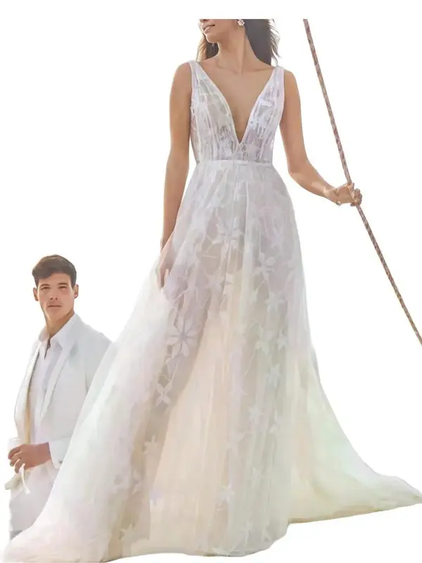 PRONOVIAS Floral-lace V-neck Dress - Neutrals