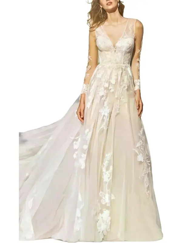 PRONOVIAS Floral Appliqué V-neck Dress - Neutrals