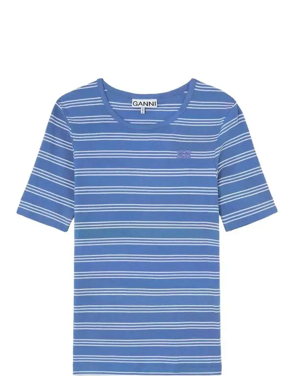 GANNI Striped Rib-knit T-shirt - Blue