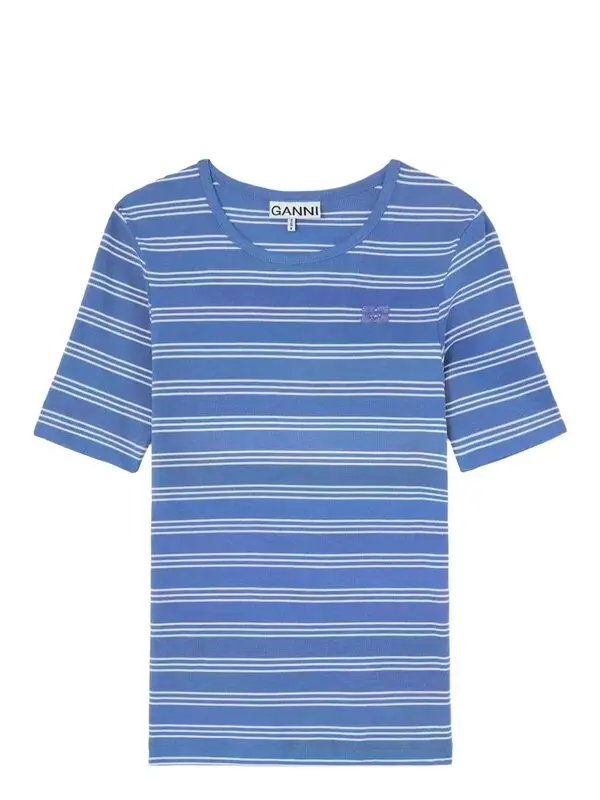 GANNI Striped Rib-knit T-shirt - Blue