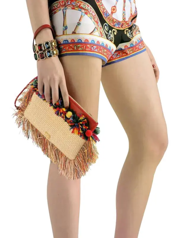 Dolce & Gabbana Raffia Toiletry Bag With Fringes And Pom-pom Charm - Neutrals