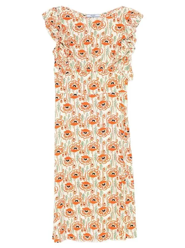 Prada Floral-print Ruffled Dress - Neutrals