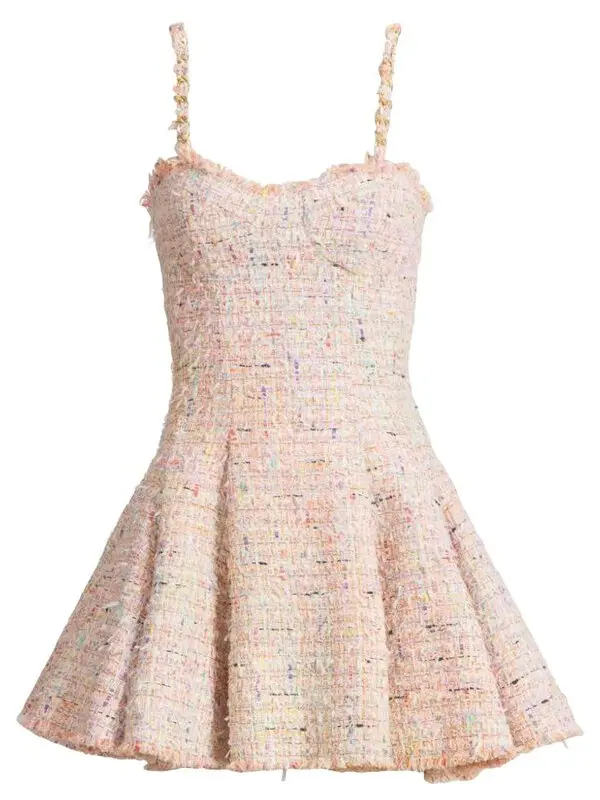 Balmain Flared Tweed Dress With Chain Straps - Pink