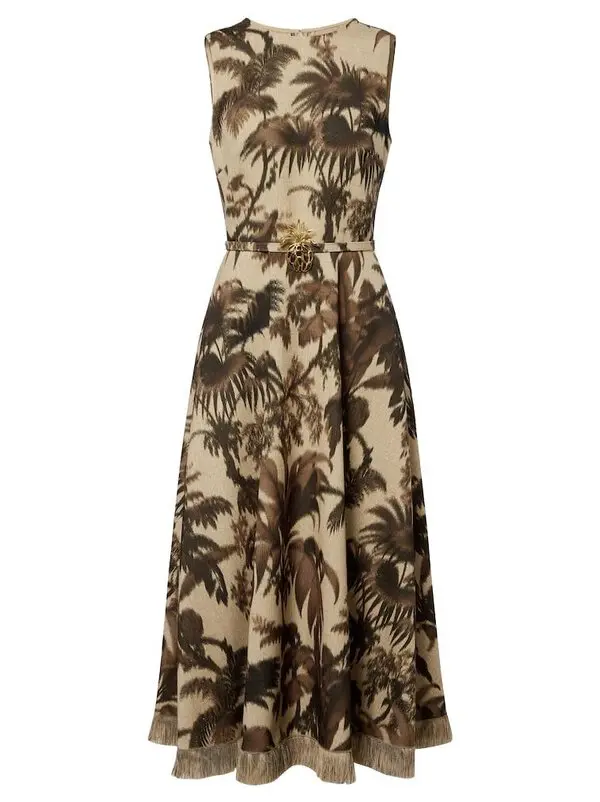 Oscar De La Renta Belted Fringed Printed Midi Dress - Beige