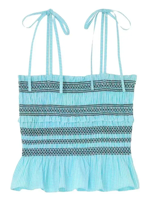 GANNI Shirred Gingham Top - Blue