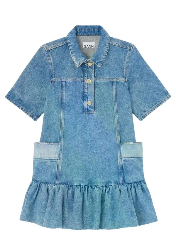 GANNI Denim Ruffled Mini Dress - Blue