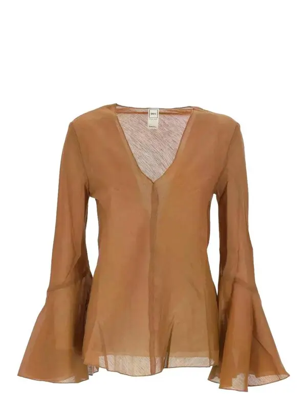 120% Lino Flared-sleeve V-neck Blouse - Brown