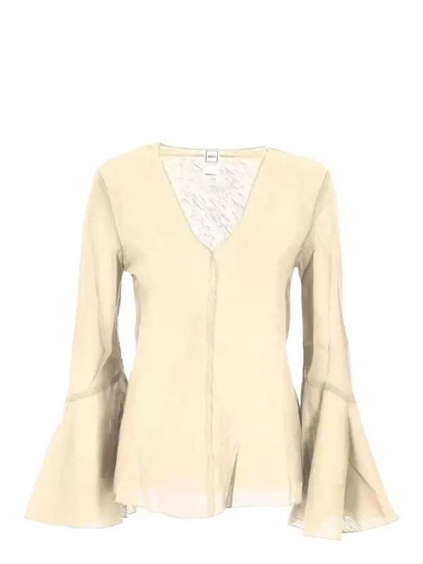120% Lino Flared-sleeve V-neck Blouse - Neutrals