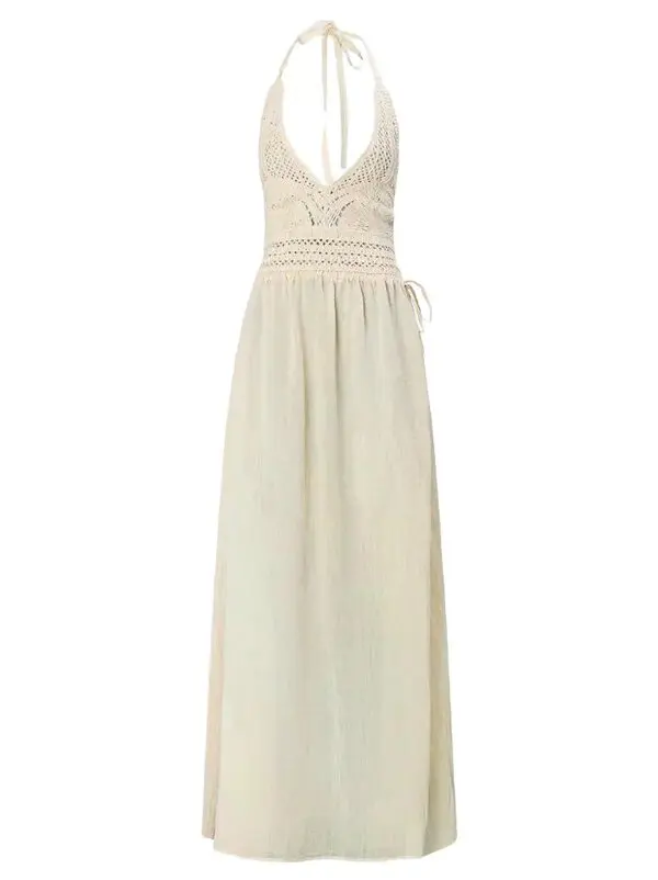 120% Lino Crochet-knit Halterneck Dress - Neutrals