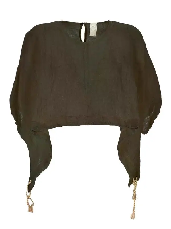 120% Lino Cropped Tassel Blouse - Brown
