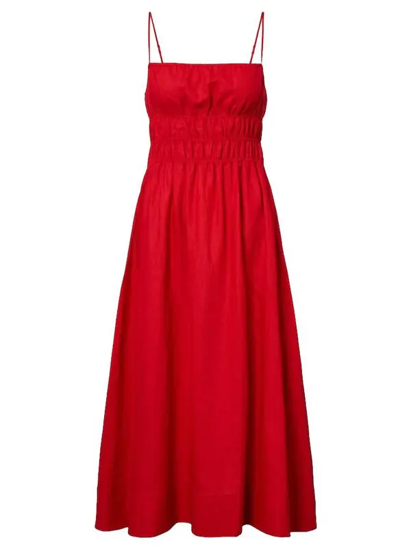 Staud Ayla Shirred Linen Midi Dress - Red