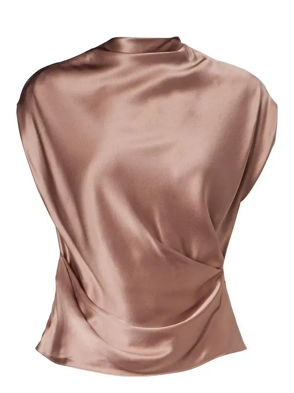 THE SEI Draped Silk Satin Top - Brown