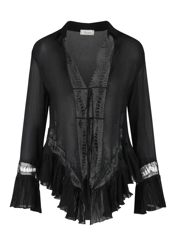 Blumarine Viscose Shirt With Lace Inserts And Ruffled Cuffs - Black