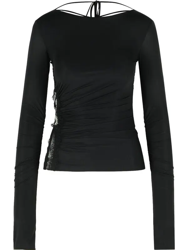 Blumarine Stretch Nylon Sweater With Lace Insert And Back Tie Closure - Black