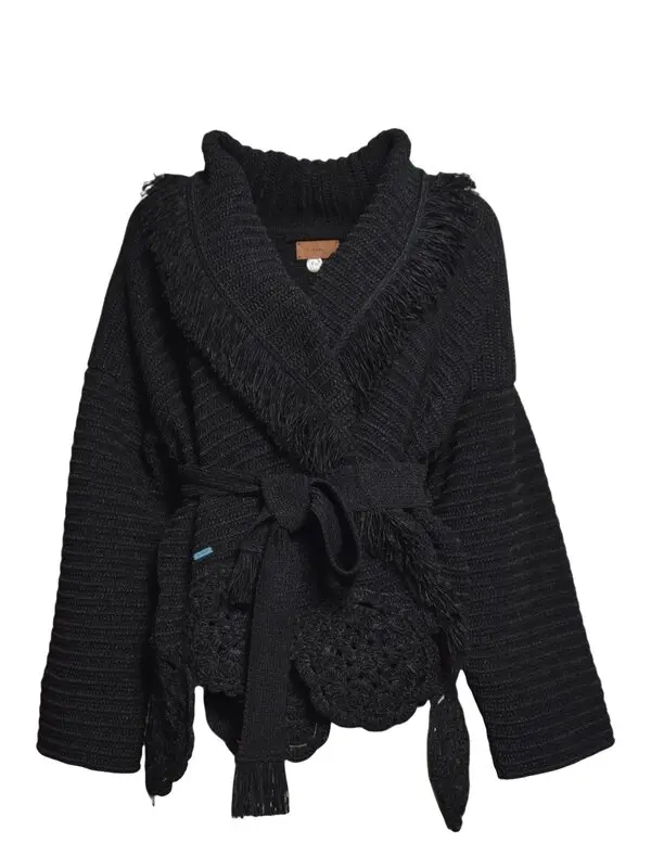 Alanui Black Knit Wrap Cardigan With Fringe And Tie Detail - Nero