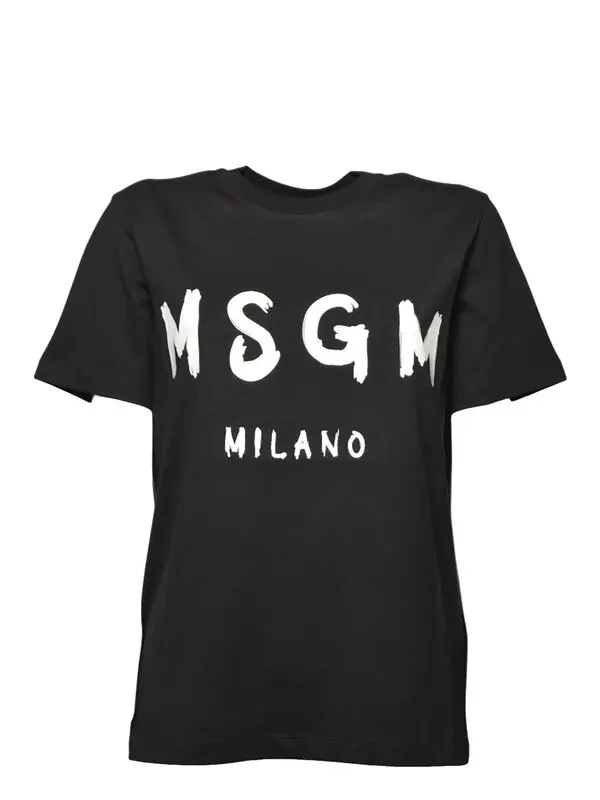 MSGM Cotton Satin T-shirt With Logo Print - Nero