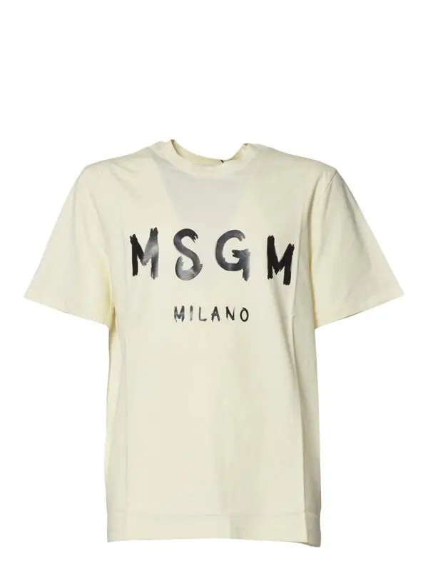 MSGM Short Sleeve Crewneck T-shirt With Logo Print - Panna