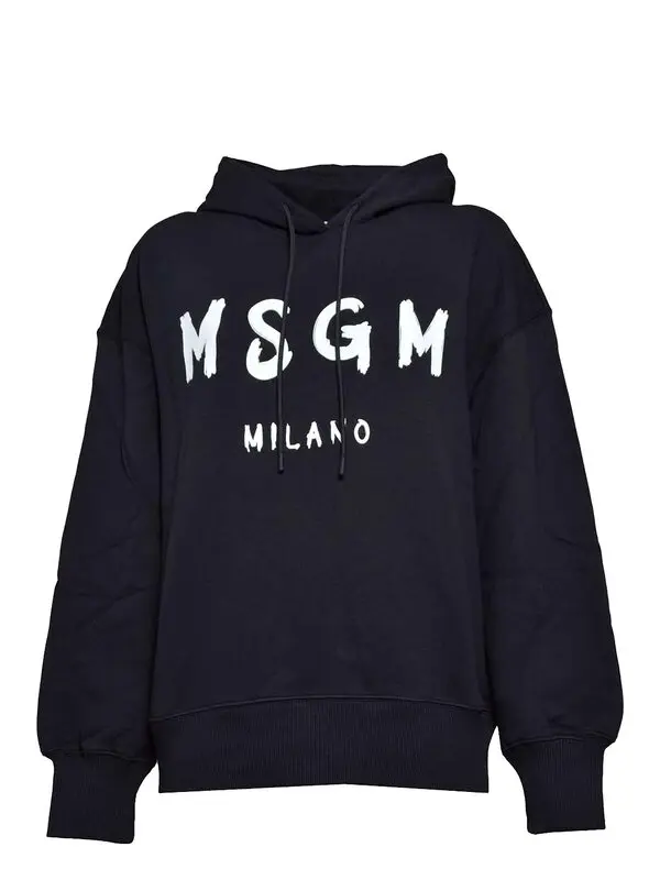 MSGM Black Cotton Hoodie With White Logo Print - Nero