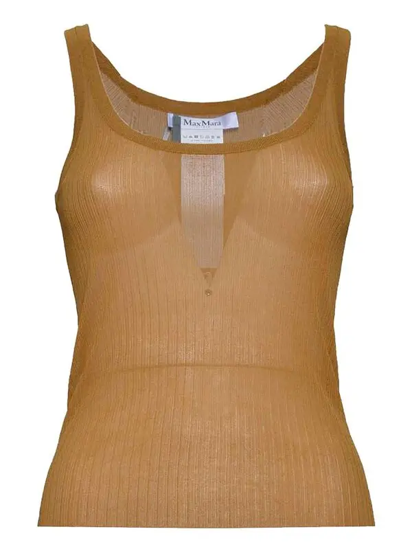 Max Mara Ribbed Sheer V-neck Sleeveless Top - Cammello