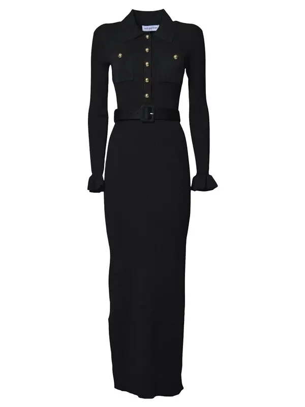 SELF-PORTRAIT Black Ribbed Knit Maxi Dress With Gold-tone Buttons And Belt - -97