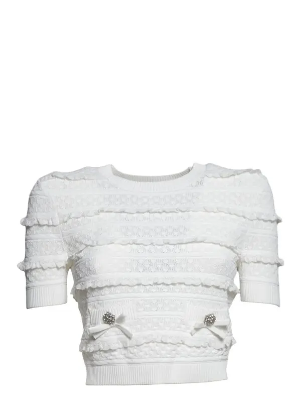 SELF-PORTRAIT Cropped Lace Knit Top With Embellished Bows - Bianco
