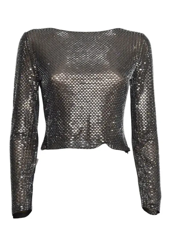 SELF-PORTRAIT Embellished Long Sleeve Cropped Top - Nero