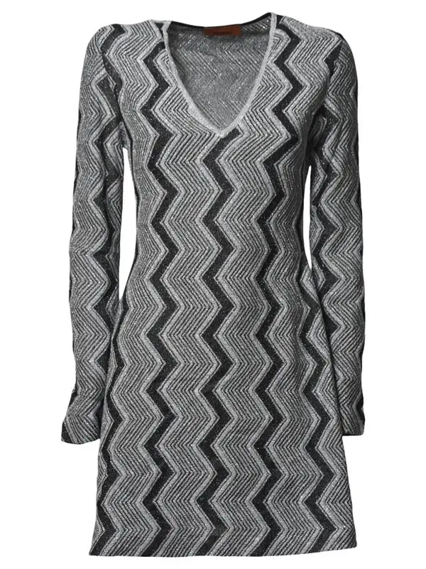 Missoni Long Sleeve V-neck Zig Zag Knit Mini Dress - Nero/argento