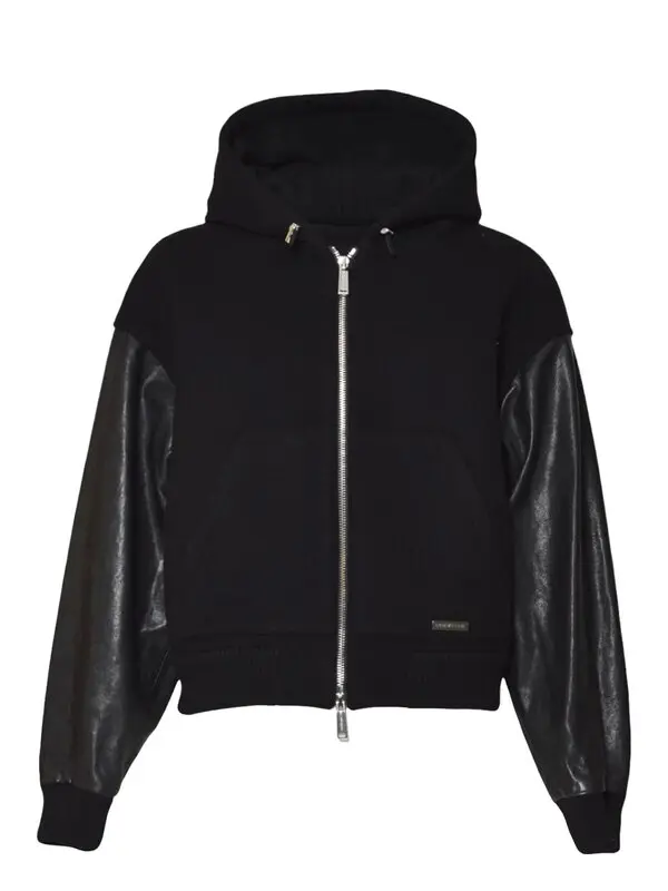 Dsquared2 Hooded Zip-up Jacket With Leather Sleeves - Nero