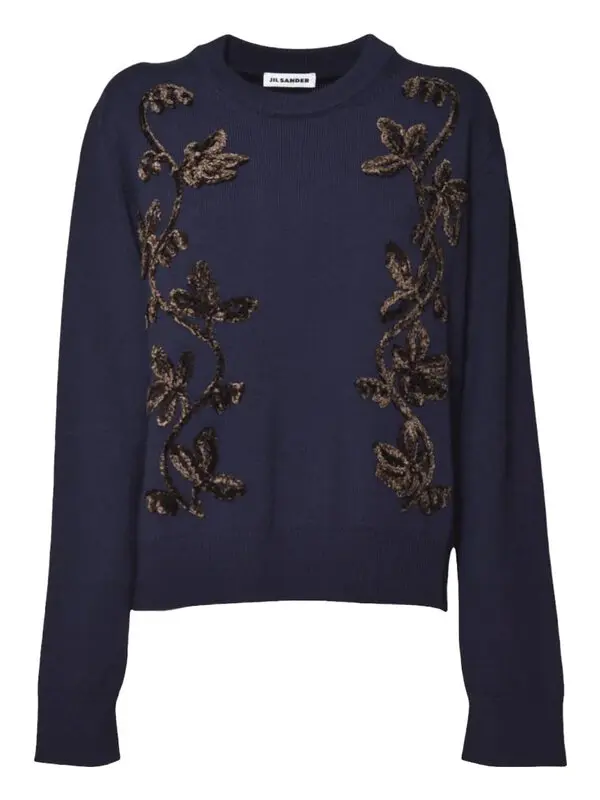 JIL SANDER Blue Crew Neck Sweater With Embroidered Floral Detail - Blu
