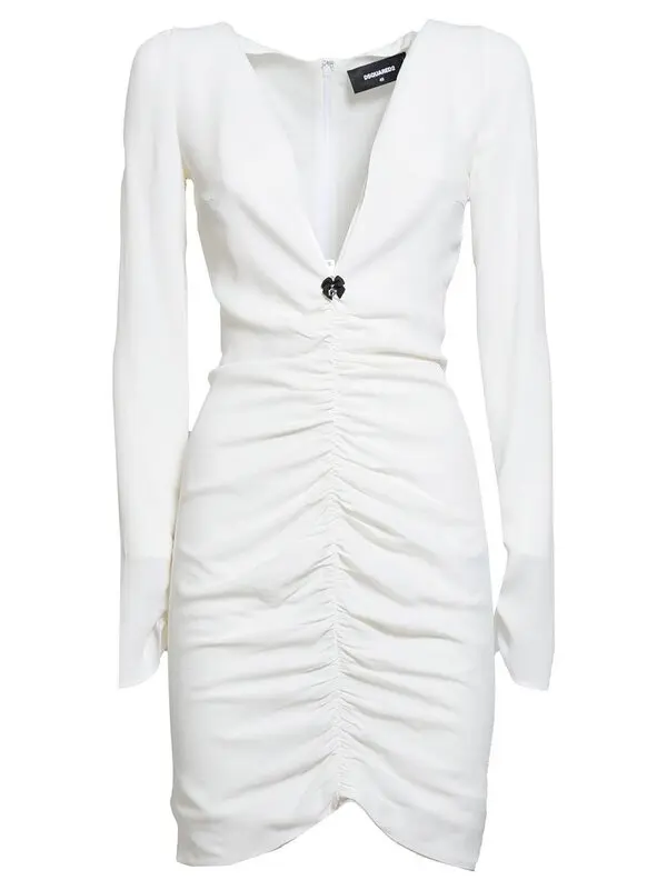 Dsquared2 Long Sleeve Ruched V-neck Dress - Bianco
