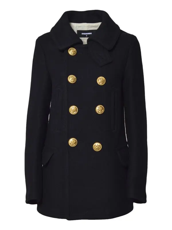 Dsquared2 Double Breasted Coat With Gold Button Details - Blu Notte