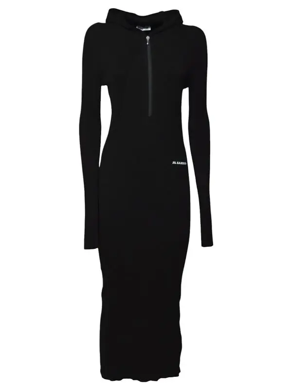 JIL SANDER Ribbed Hooded Midi Dress With Quarter Zip - Nero
