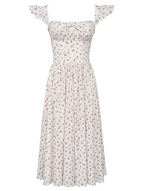 House Of Cb Rose-print Stretch-cotton Midi Sundress - White