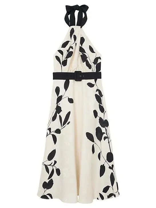 REISS Libby Leaf-print Woven Midi Dress - Ivory Black