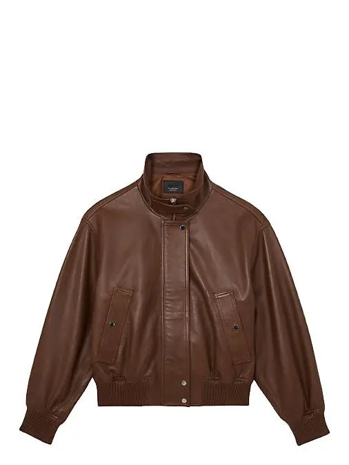 REISS Cara Funnel Neck Leather Jacket - Chestnut Brown