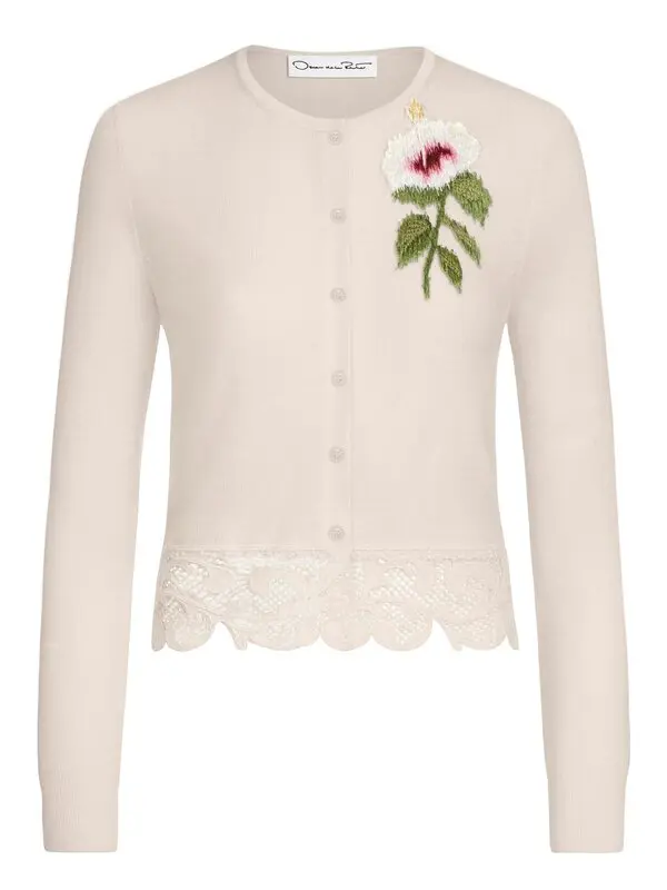 Oscar De La Renta Chin Hibiscus Threadwork Cropped Cardigan With Lace Trim - One-color