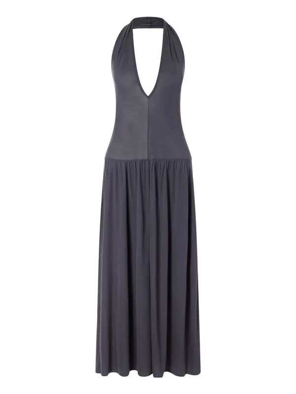 ST. AGNI Halter Neck Maxi Dress With Deep V-neck And Pleated Skirt - Black